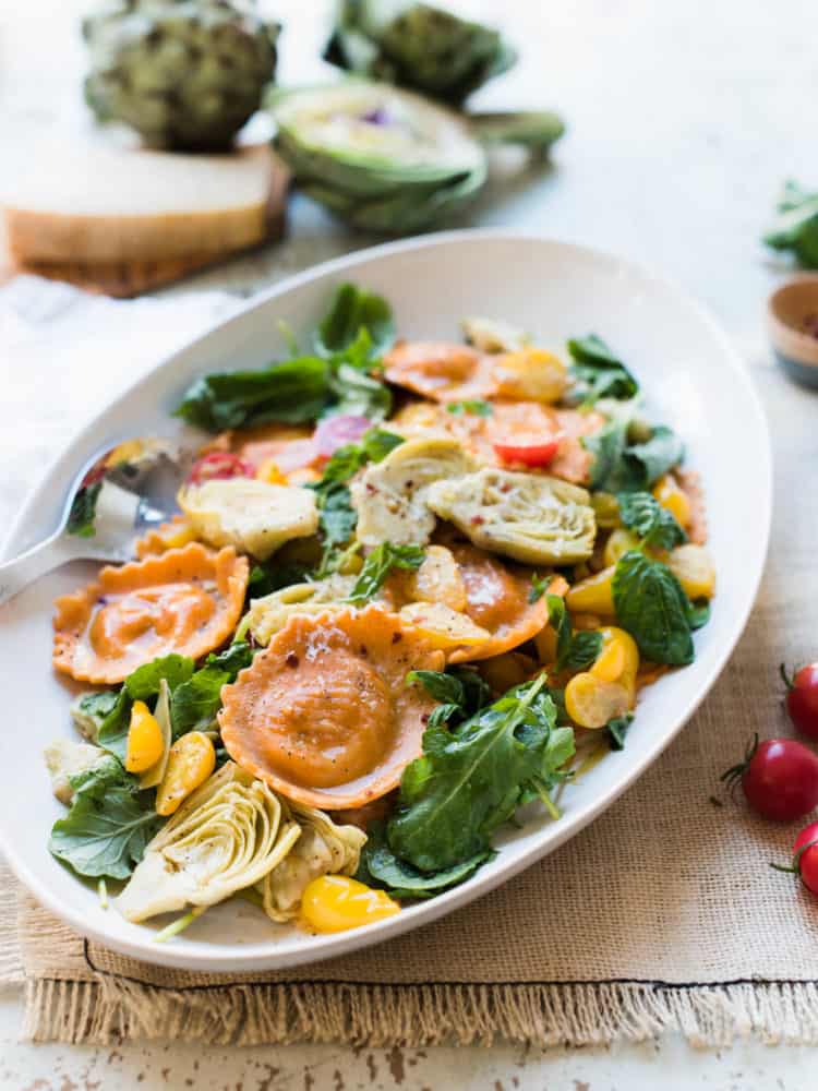 Tomato and Mozzarella Ravioli with Tomatoes, Baby Kale and Artichokes ...