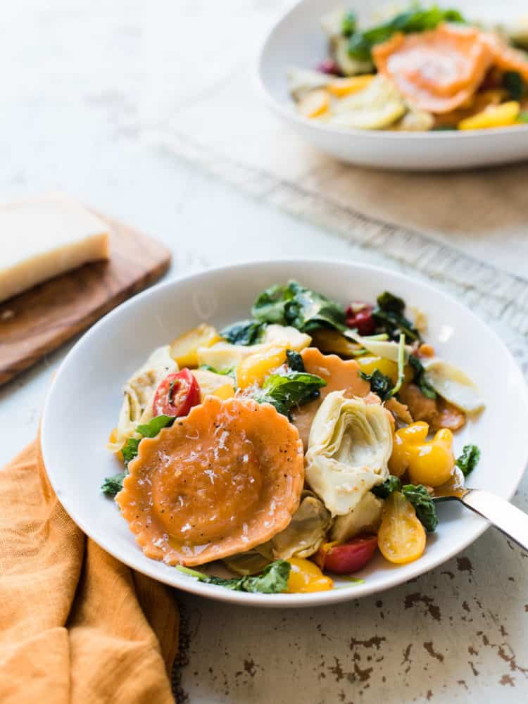 Tomato and Mozzarella Ravioli with Tomatoes, Baby Kale and Artichokes ...