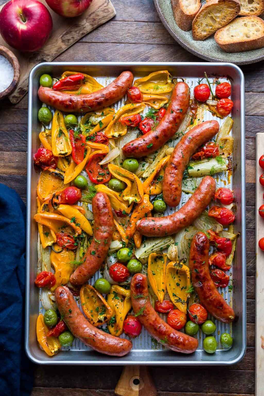 Sheet Pan Sausage with Peppers, Fennel, and Olives - Kitchen Confidante®